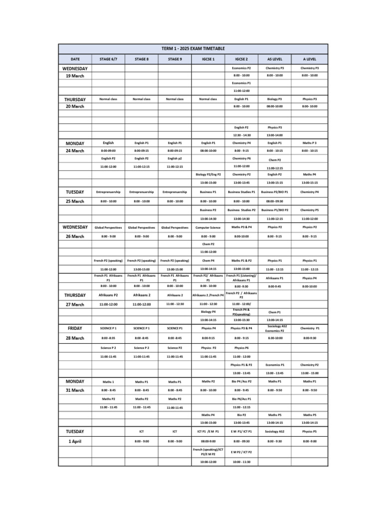 Term 1 Exam Timetable 2025 | PDF