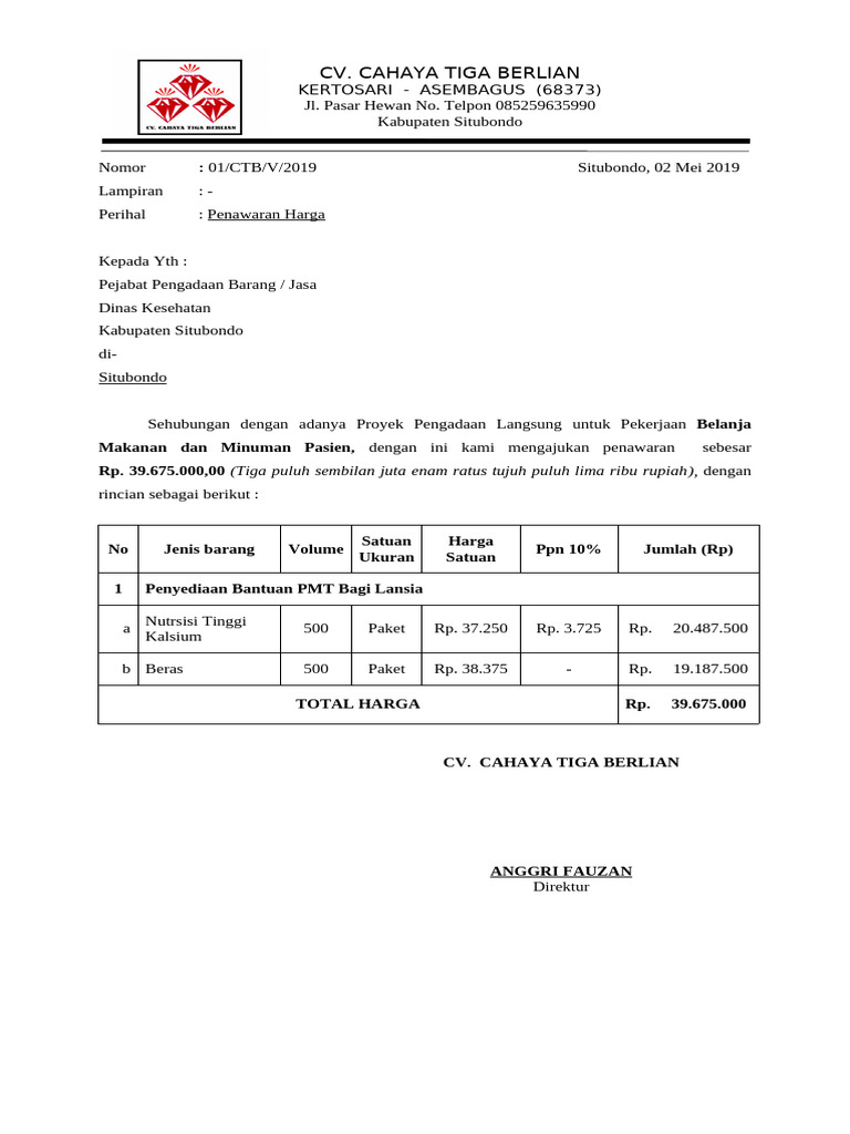 Surat Penawaran Pengadaan 2019 | PDF