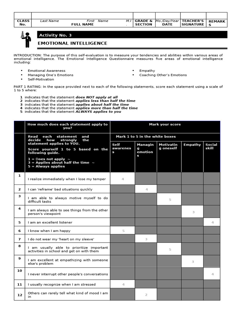 Emotional Intelligence Questionnaire | PDF | Emotional Intelligence ...