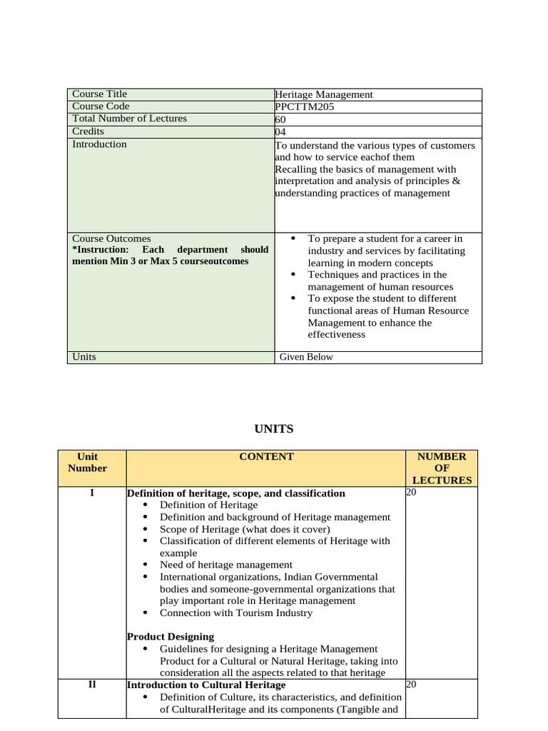 Heritage Management Syllabus | PDF | Cultural Heritage