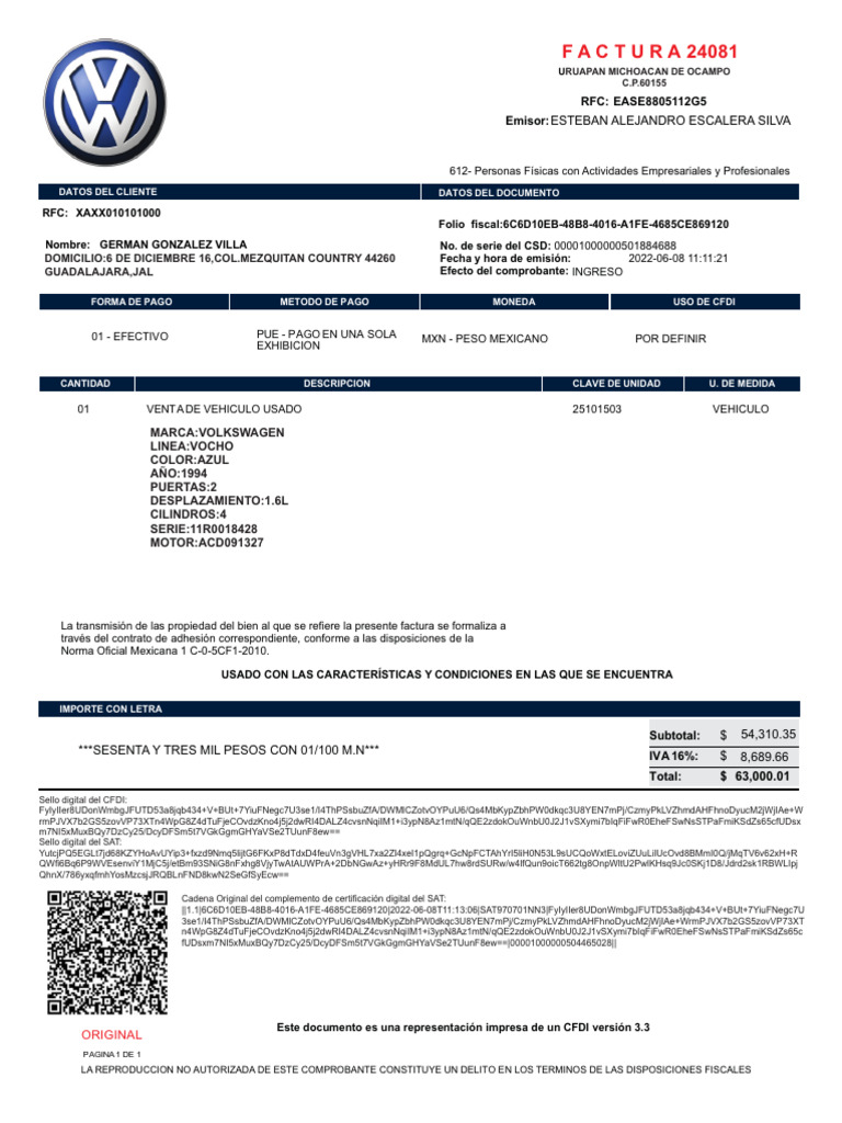 Formato de Factura Volkswagen 2022 | PDF