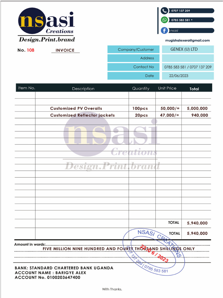 Genex Jackets Invoice Nsasi | PDF