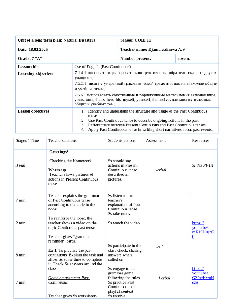 Past Continuous Lesson Plan | PDF | Linguistics | Human Communication