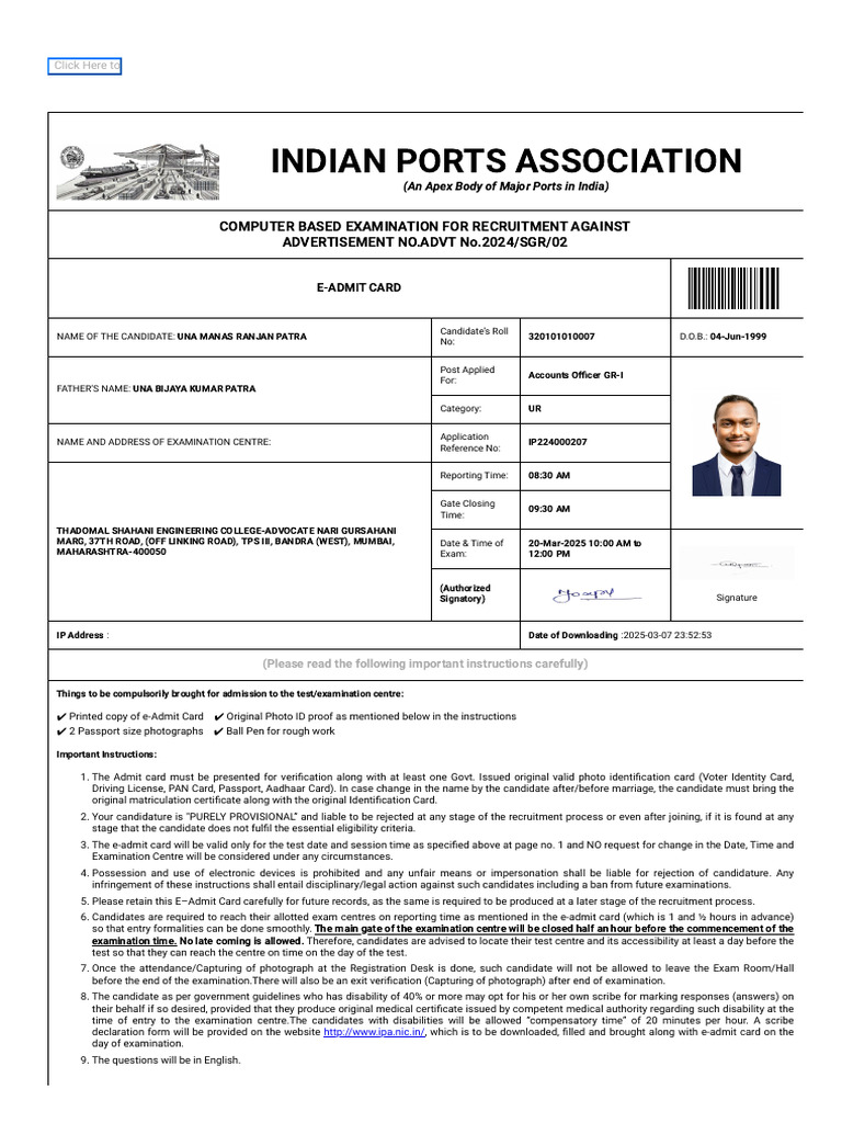 IPA - ADMIT CARD (1) | PDF | Identity Document