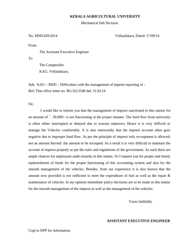 Letter toComptroller fuel imprest | PDF