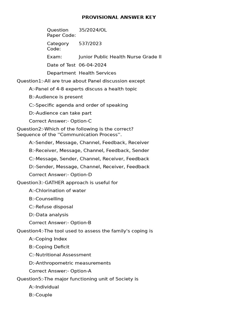 JPHN Exam Provisional Answer Key 2024 | PDF | Childbirth | Medical ...