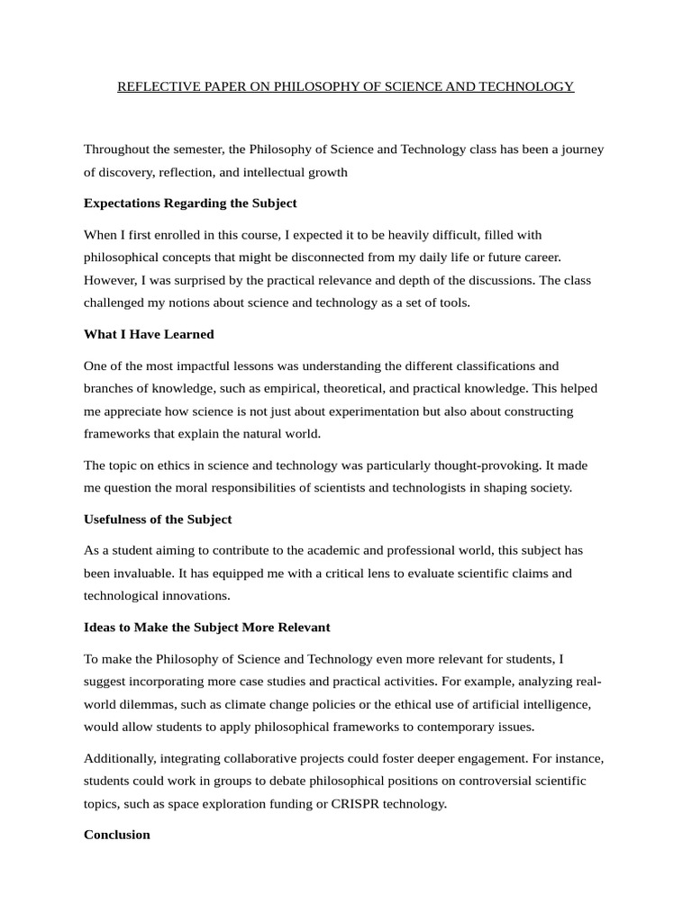 Reflective Paper On Philosophy of Science and Technology | PDF ...
