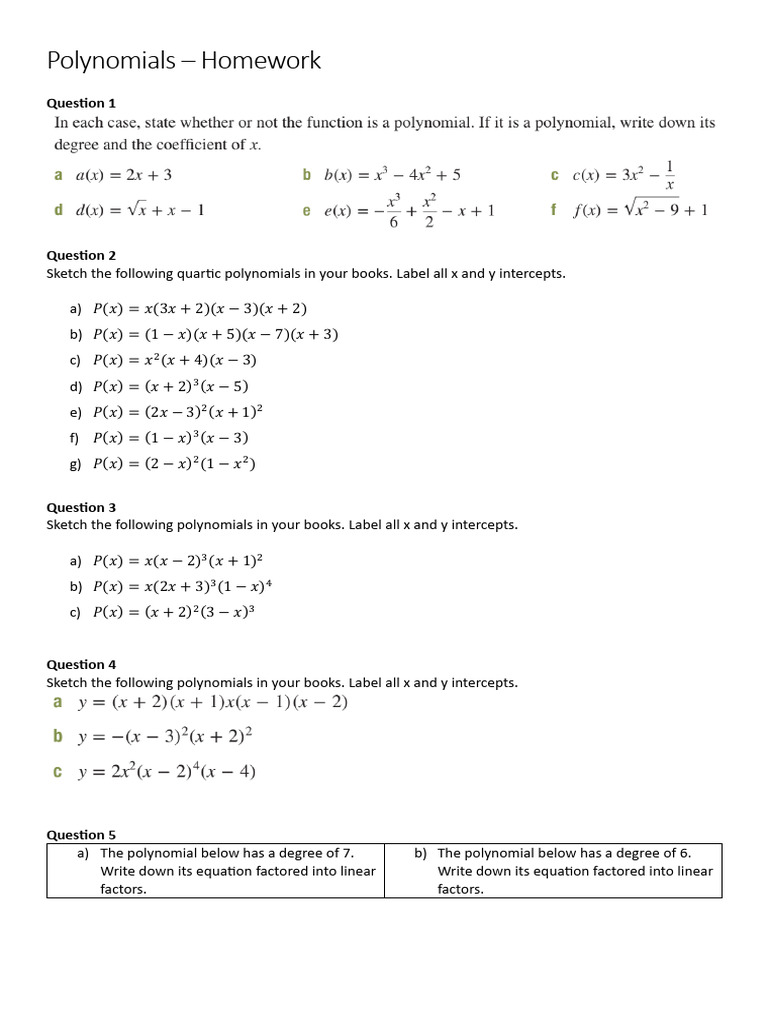 Polynomial Functions Homework Assignment | PDF