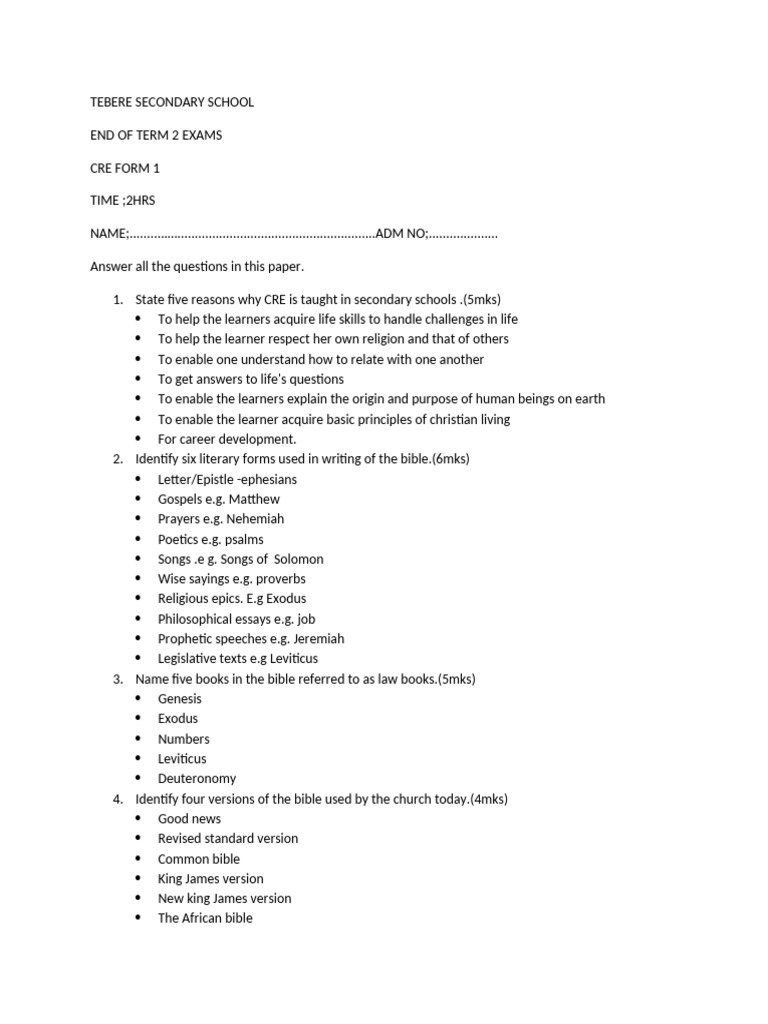 CRE Form 1 End of Term 2 Exam | PDF | Moses | Bible