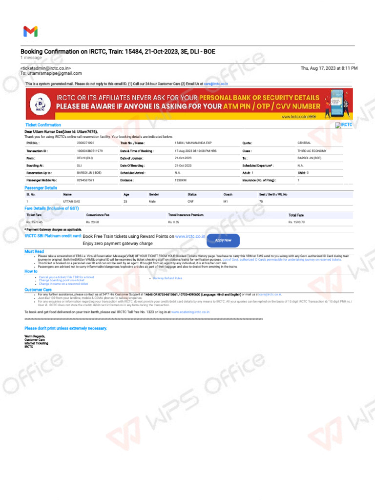 Gmail - Booking Confirmation on IRCTC, Train_ 15484, 21-Oct-2023, 3E ...