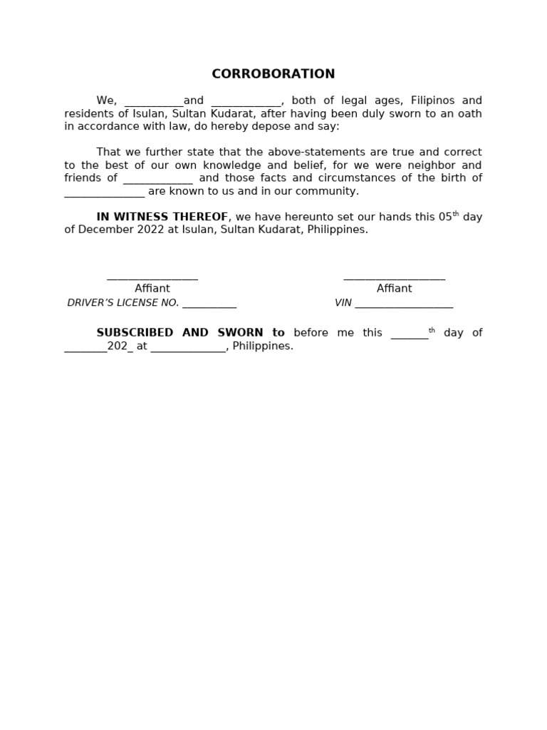 Affidavit of Corroboration Statement | PDF