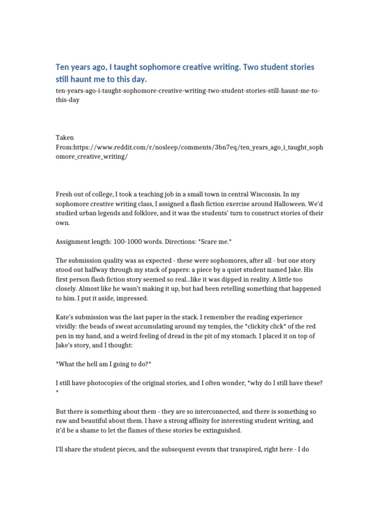 Ten Years Ago I Taught Sophomore Creative Writing Two Student Stories ...