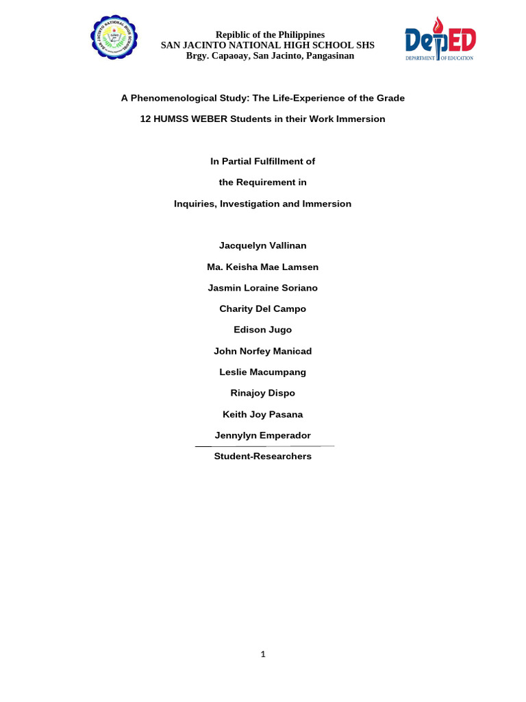 HUMSS Students' Work Immersion Insights | PDF | Phenomenology ...