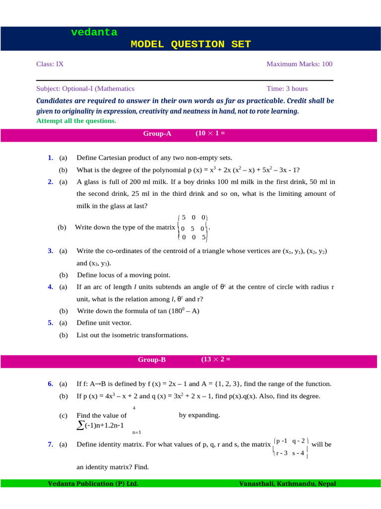 Model Question Set of Optional I Mathematic Class9 20210123185817 | PDF ...