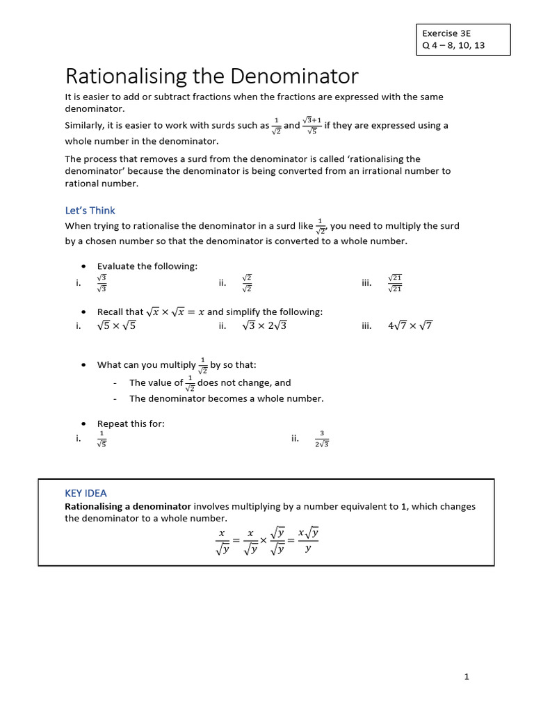 Rationalising The Denominator PDF Vers | PDF | Numbers | Algebra
