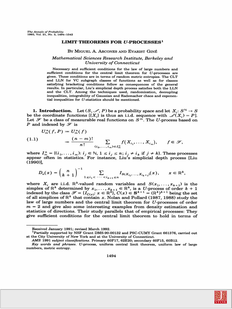 [Arcones'1993]limit-Theorems-for-U-Processes | PDF