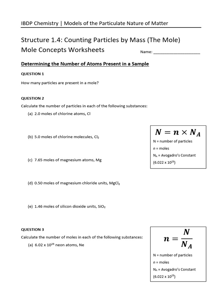 Mole Concept Worksheets | PDF | Mole (Unit) | Chlorine