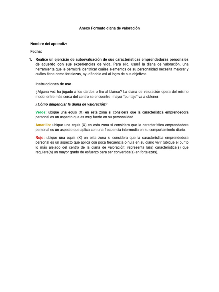 AA1 - EV1 Anexo - Formato - Diana - de - Valoracion | PDF | Iniciativa empresarial