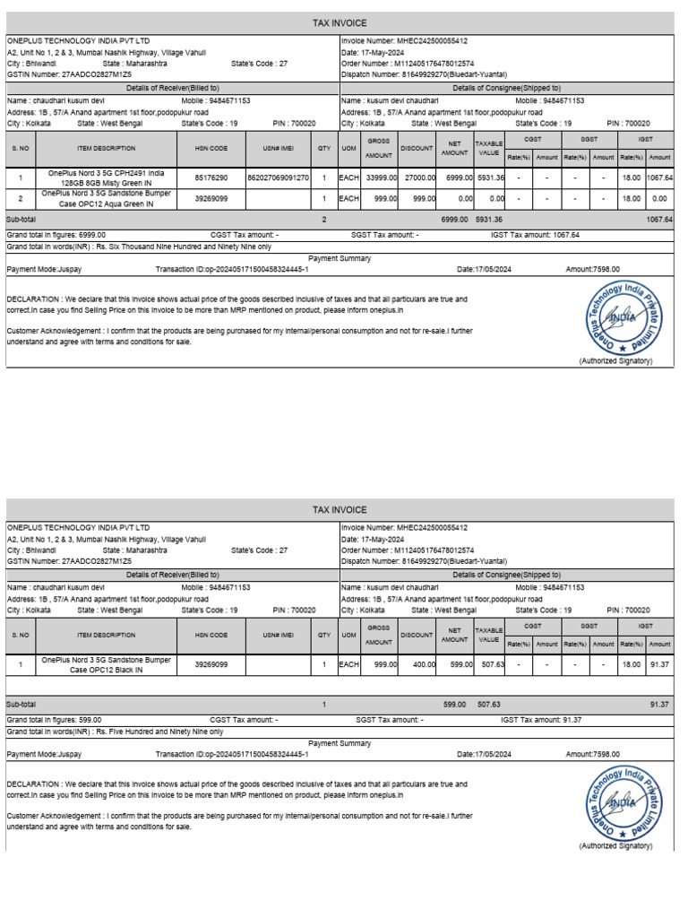OnePlus Invoice for Nord 3 Purchase | PDF | Invoice | Payments
