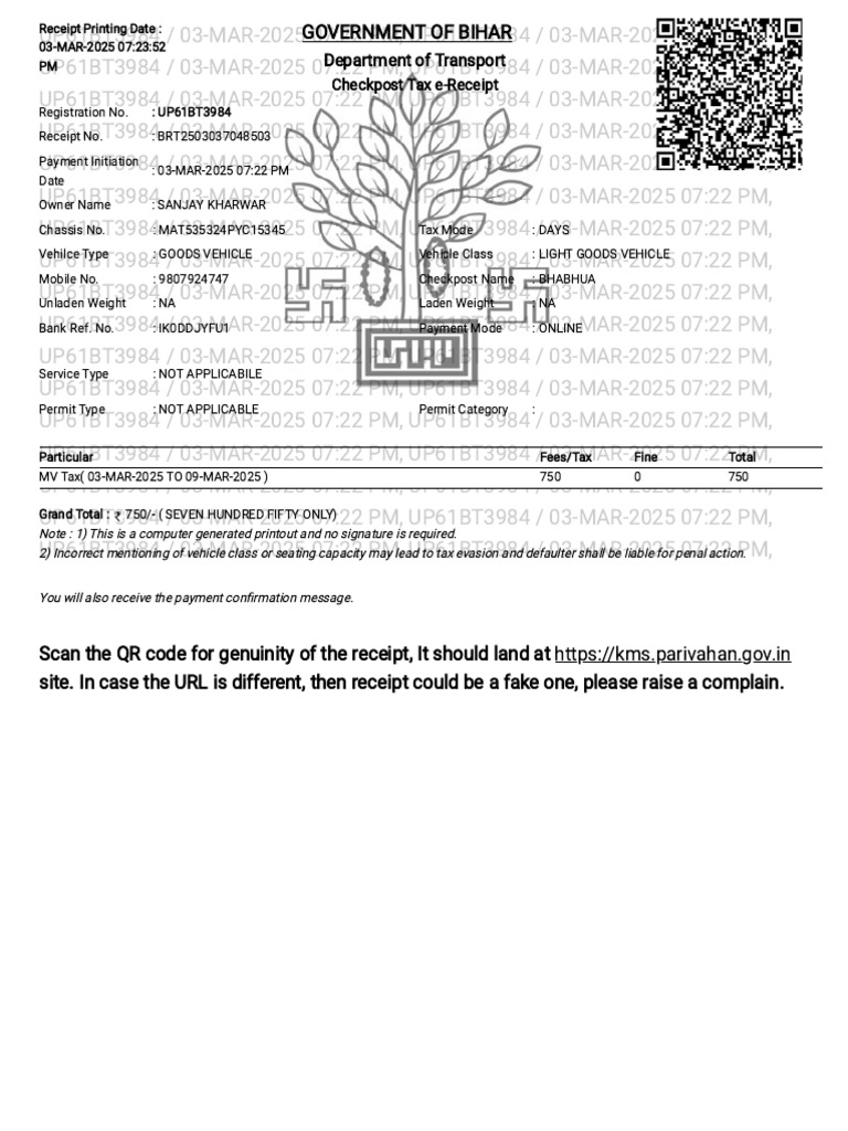 Bihar Checkpost Tax e-Receipt | PDF | Payments