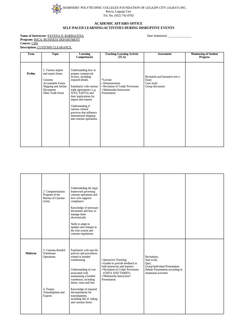 Spla Form Ay 2024-2025 Cm4 | PDF | Customs