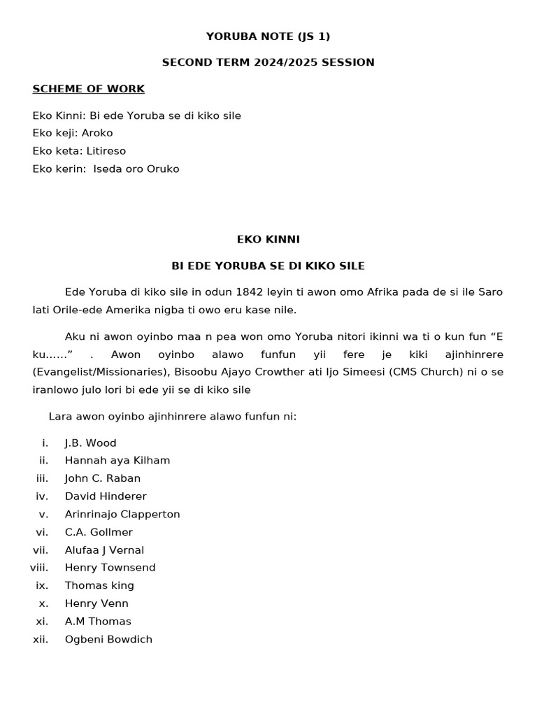 Yoruba Js 1 Second Term 2024 2025 | PDF