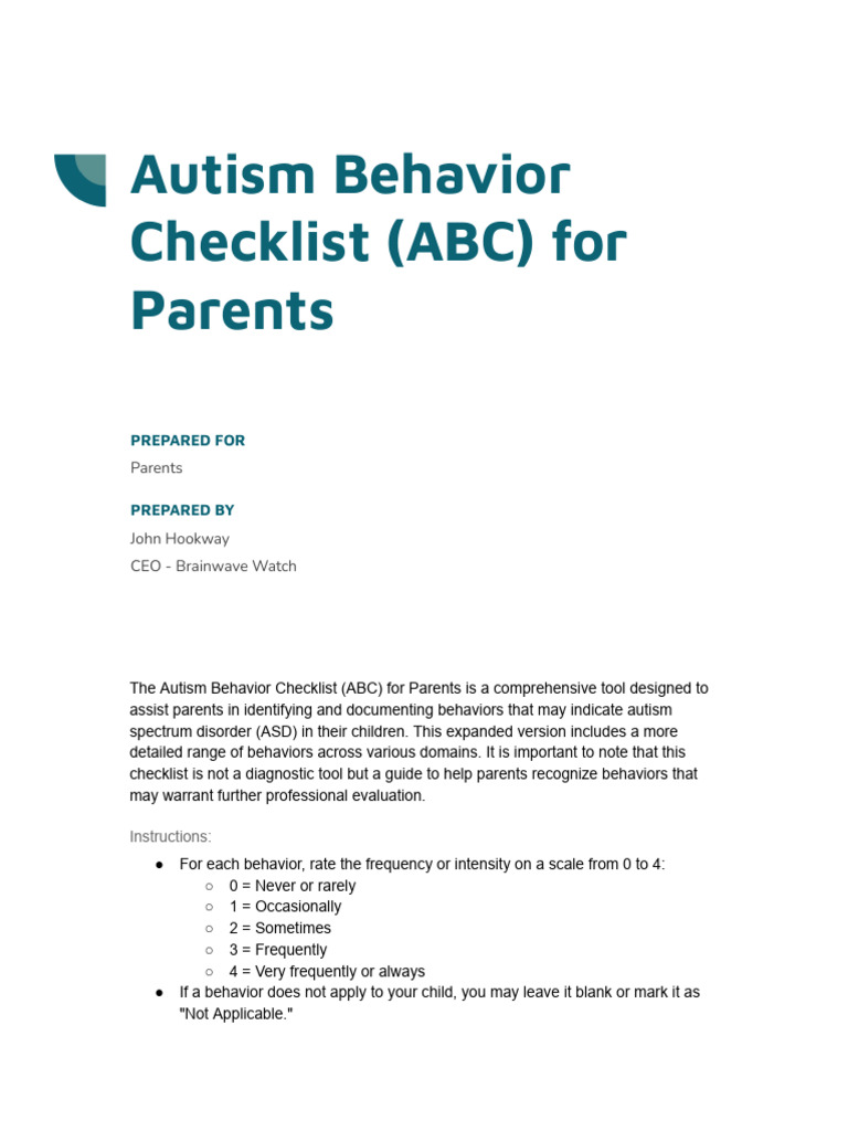 Autism Behavior Checklist (ABC) For Parents | PDF | Autism ...