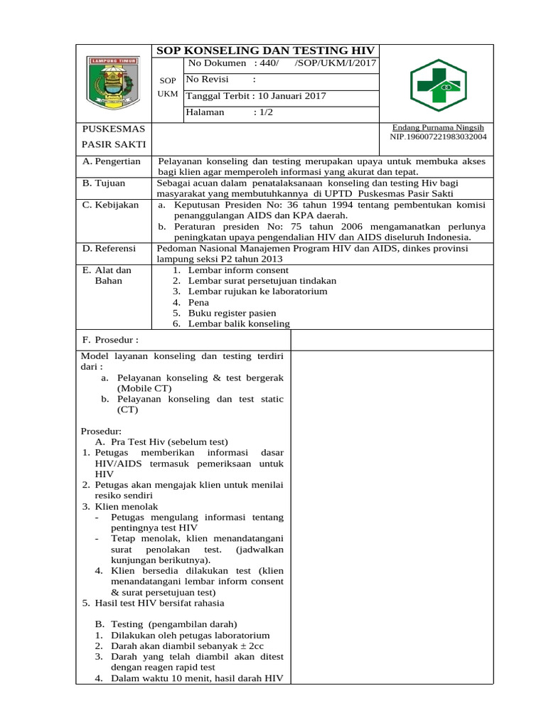 SOP Konseling dan Testing HIV Puskesmas | PDF