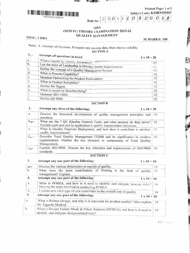 Mba-4 Sem Quality Management 2023-2024 Kmbnom03 | PDF | Quality ...