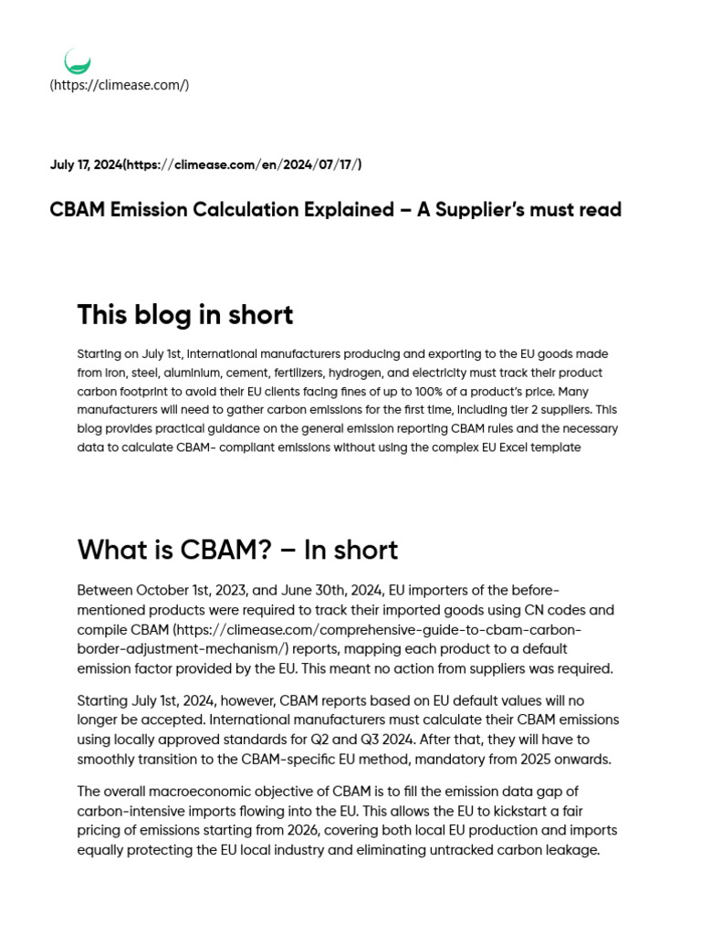 CBAM Emission Calculation Explained - A Supplier's Must Read % - ClimEase | PDF | Carbon Footprint