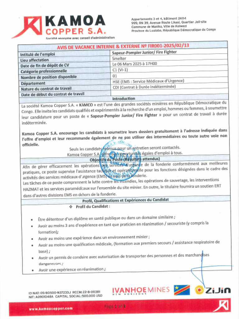 Advert N°FIR001 Sapeur-Pompier Junior | PDF