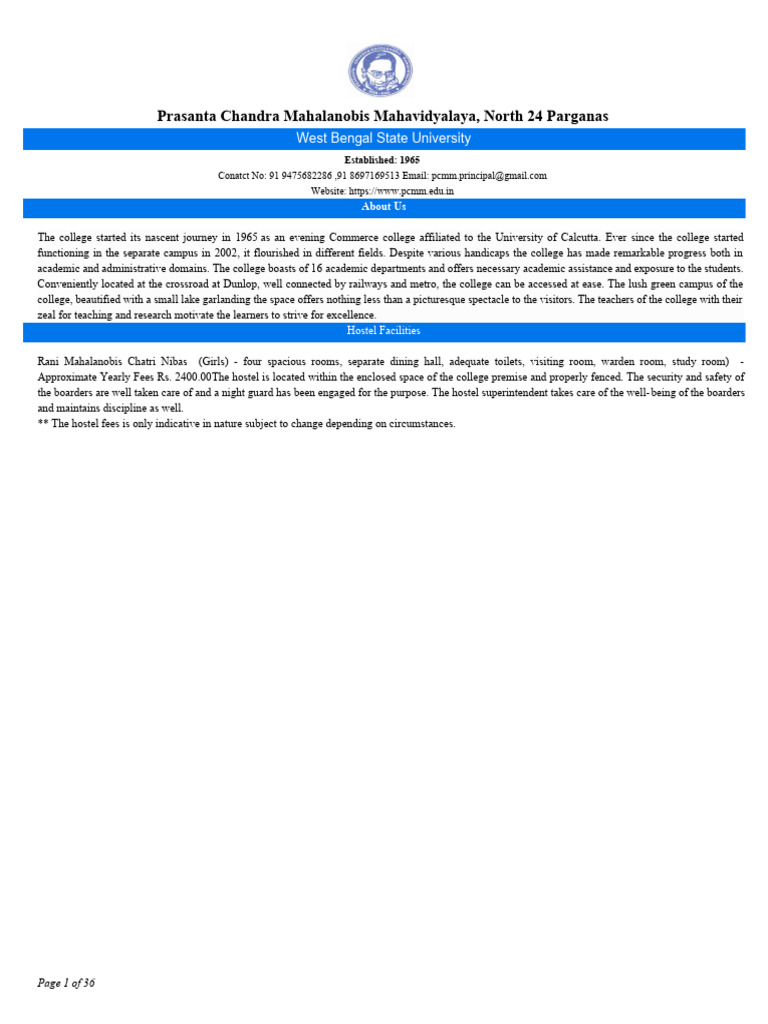 Prasanta Chandra Mahalanobis College Overview | PDF