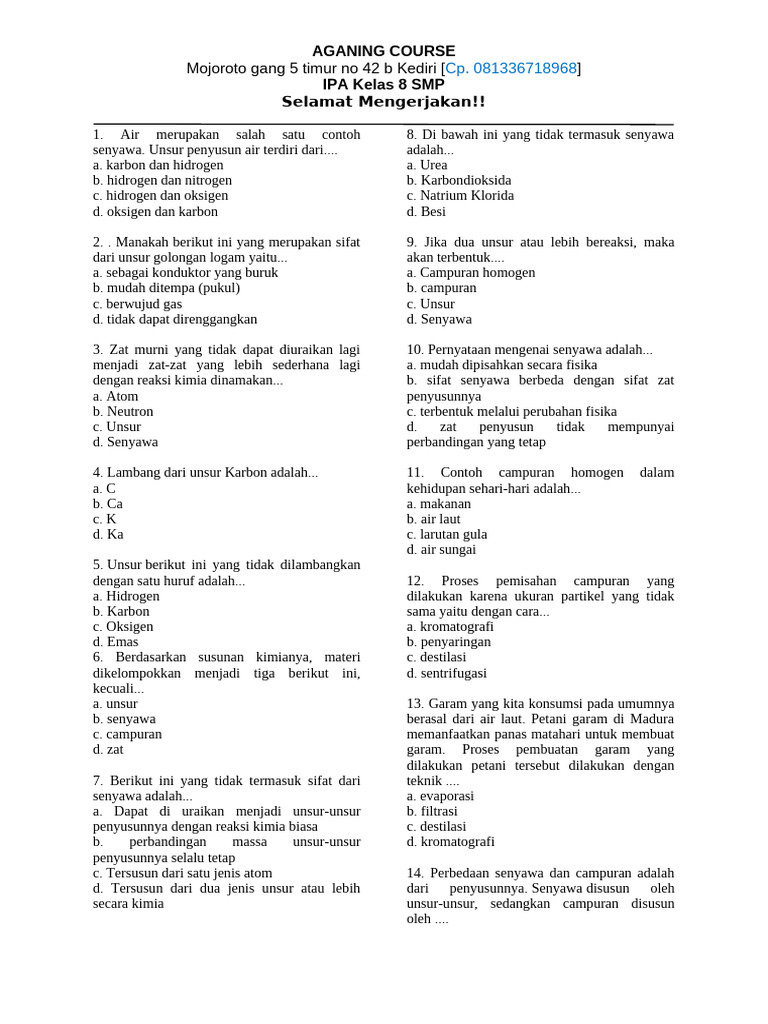 Soal IPA Kelas 8: Senyawa dan Campuran | PDF