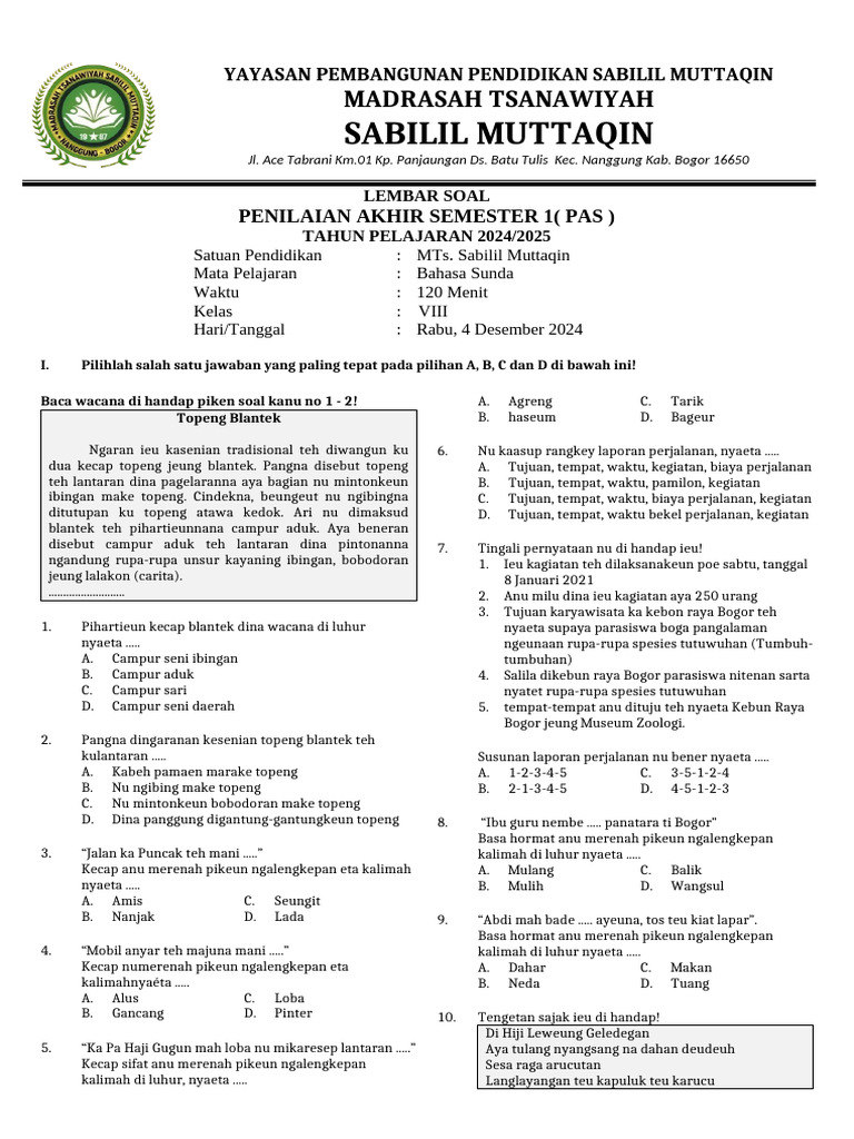 SOAL PAS GANJIL KELAS 8-B.SUNDA | PDF