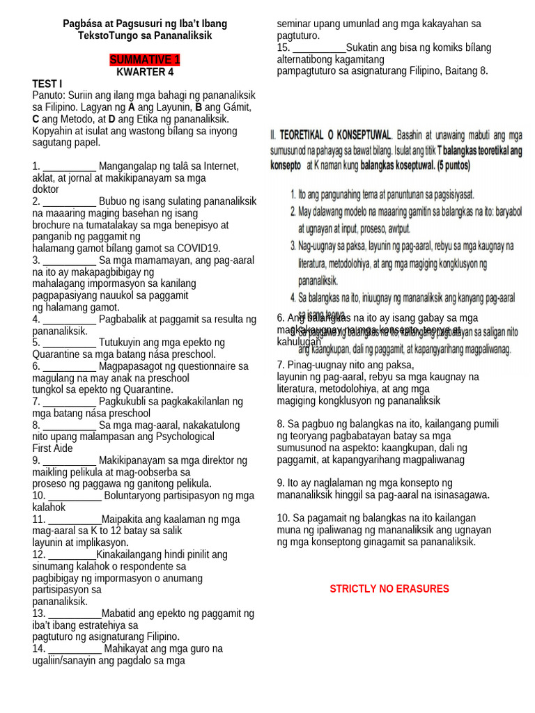 Pagbasa Summative 1 Kwarter 4 | PDF