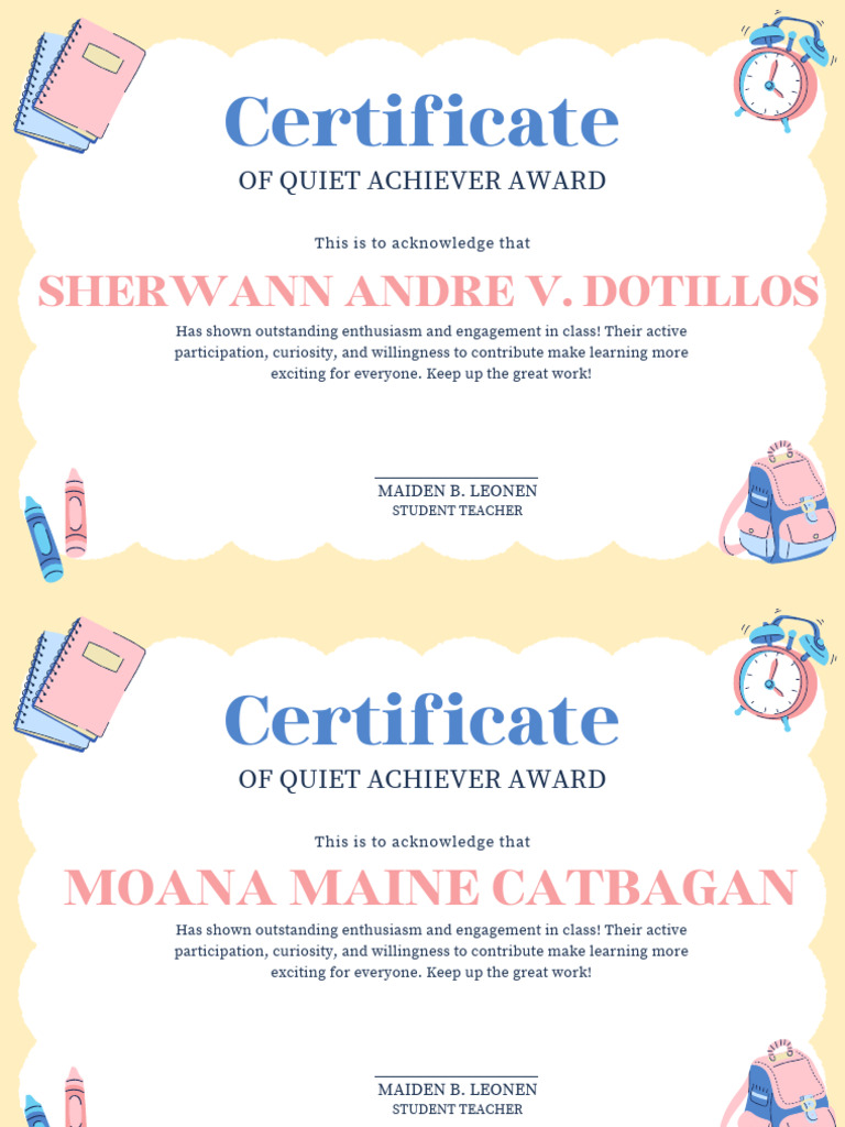 Quiet Achiever Award Certificates | PDF