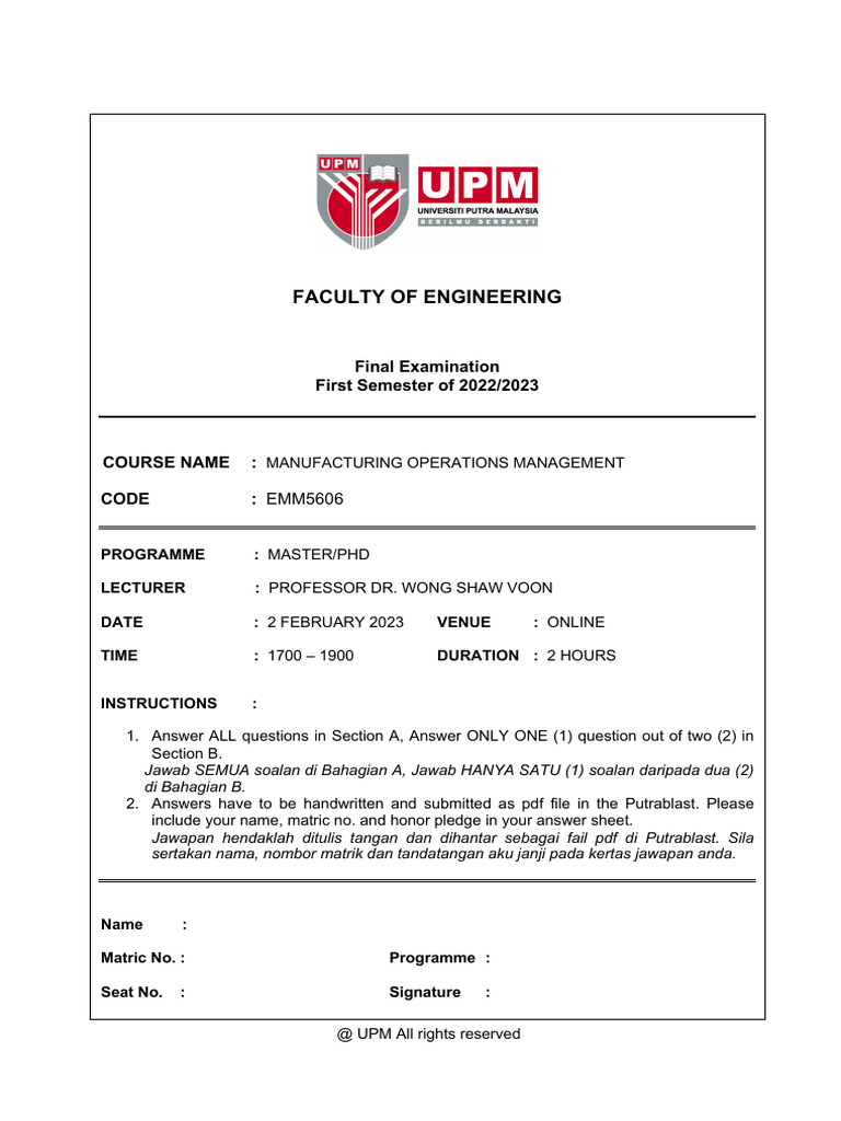 Manufacturing Operations Exam 2023 | PDF | Lean Manufacturing | Automation