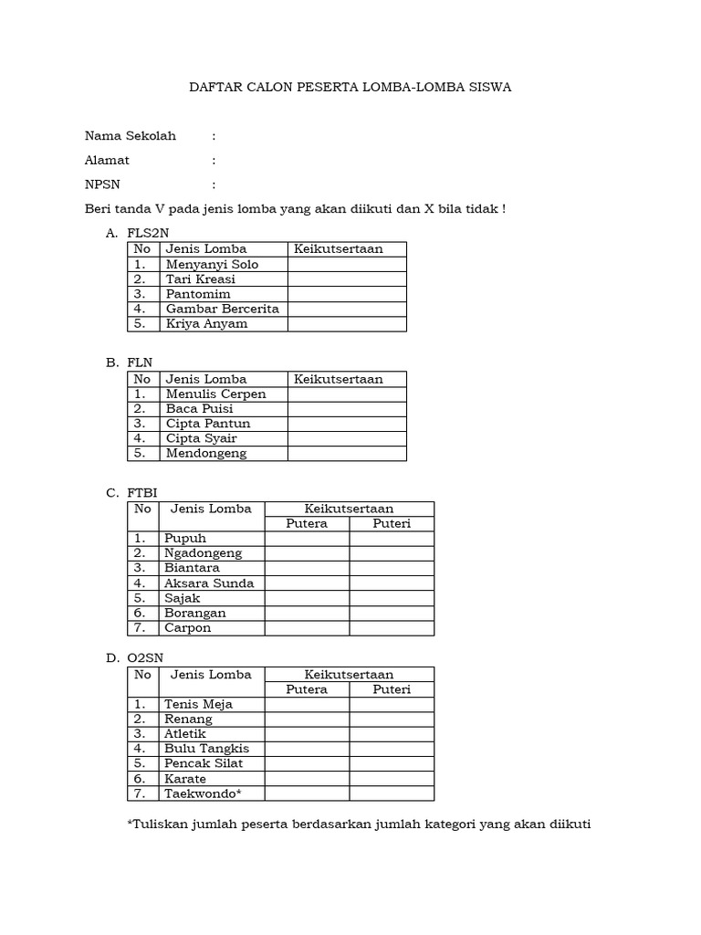Daftar Calon Peserta Lomba | PDF