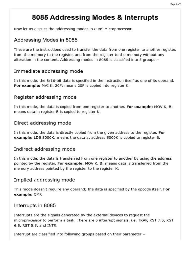 8085 Addressing Modes & Interrupts | PDF | Digital Electronics ...
