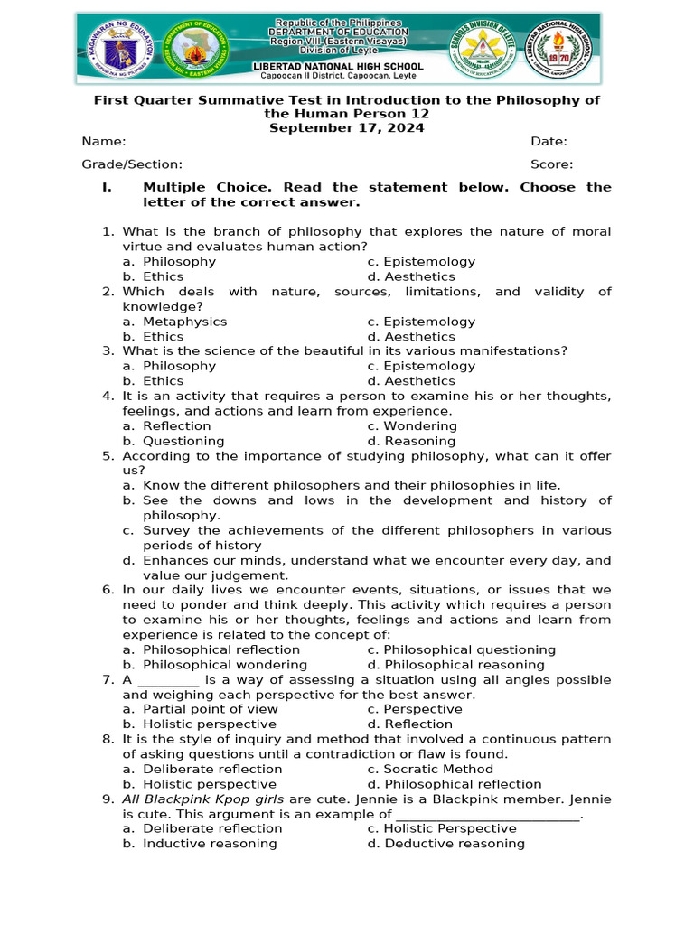 Philosophy of Human Person Test 12 | PDF | Epistemology | Reason