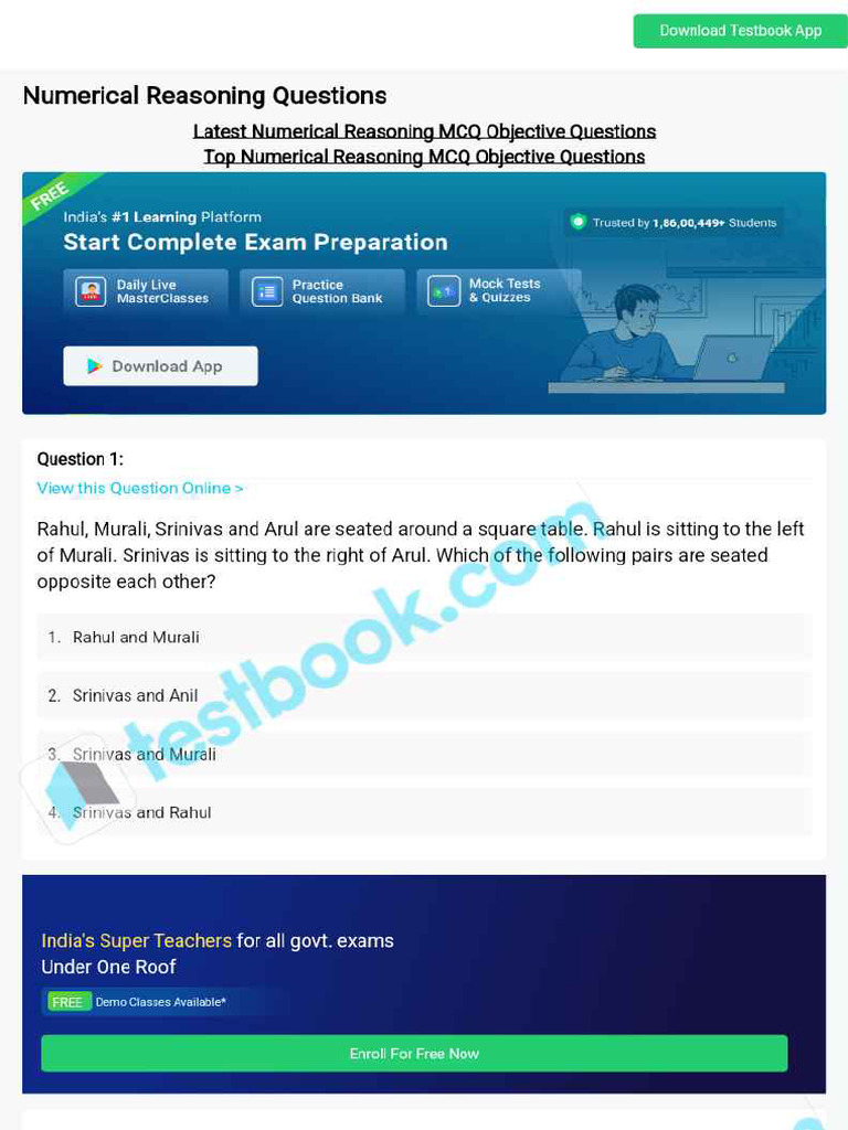 MCQ On Numerical Reasoning 5eea6a1539140f30f369f4b7 | PDF