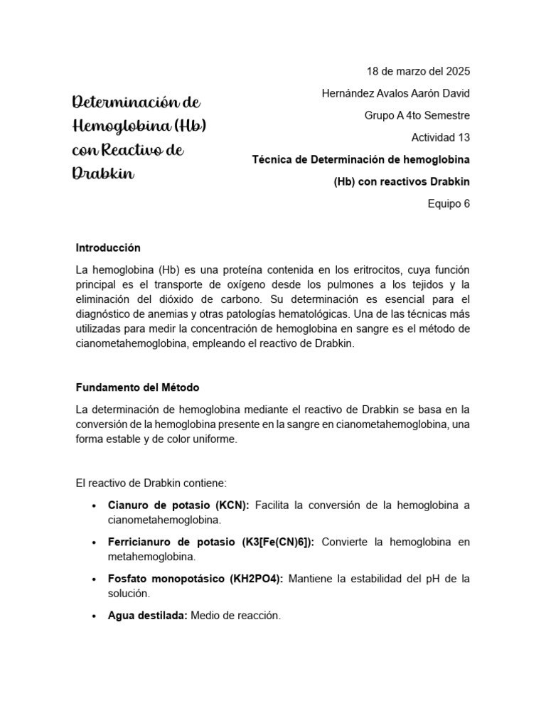 Determinación de Hemoglobina con Drabkin | PDF | Sangre | Hemoglobina