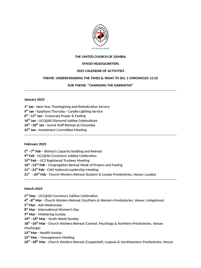 The United Church of Zambia Synod - 2025 Calendar of Activities-2 | PDF ...