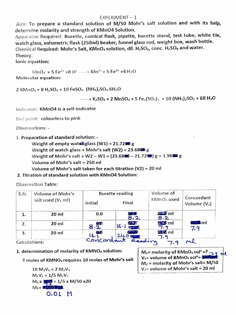Q.1. Titration Mohr's Salt | PDF | Titration | Chemistry