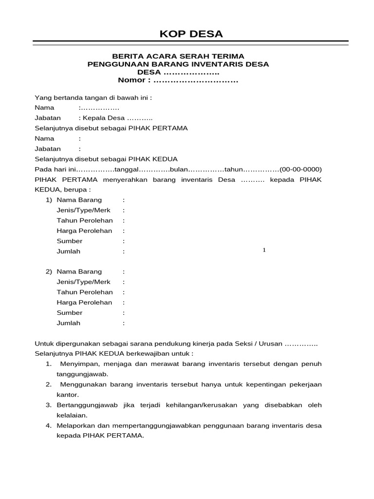 Contoh BAST Penggunaan Barang Inventaris Desa | PDF