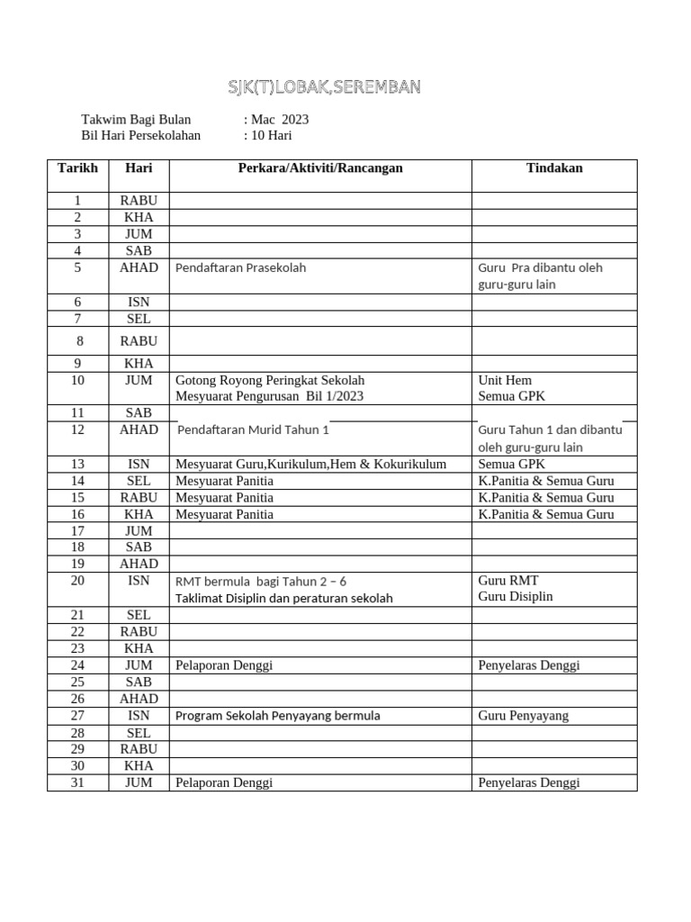 Takwim Sekolah 2023 HEM | PDF