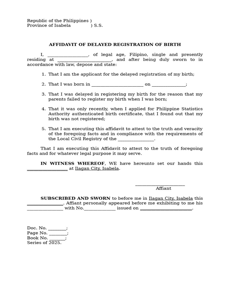 Affidavit of Delayed Registration of Birth - Blank | PDF