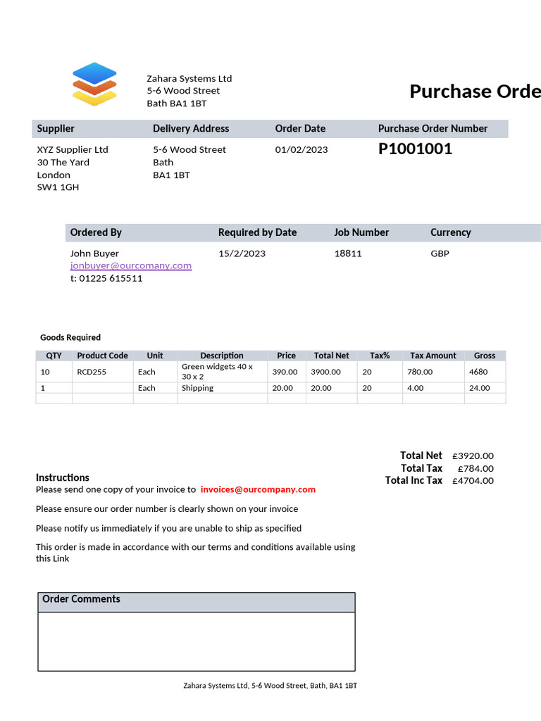 Example Purchase Order Template For Word | PDF