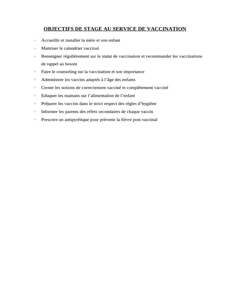 Objectifs de stage en vaccination et CPN | PDF