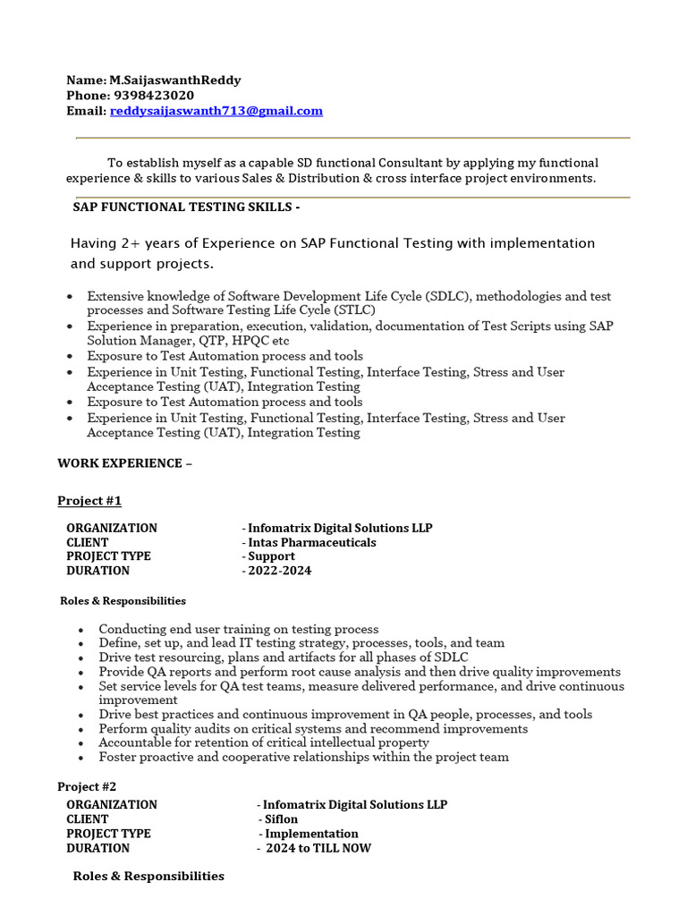 SAP Functional Tester Resume | PDF | Software Testing | Software ...